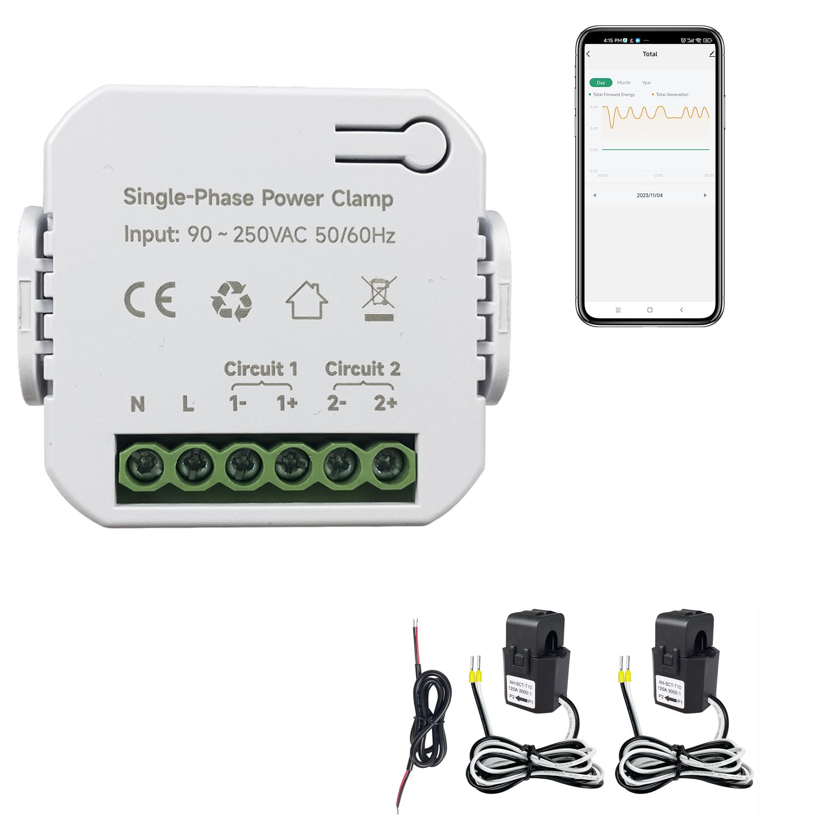 Energy Monitor, Home Smart Single Phase Clamp Electricity Meter with 2 ...