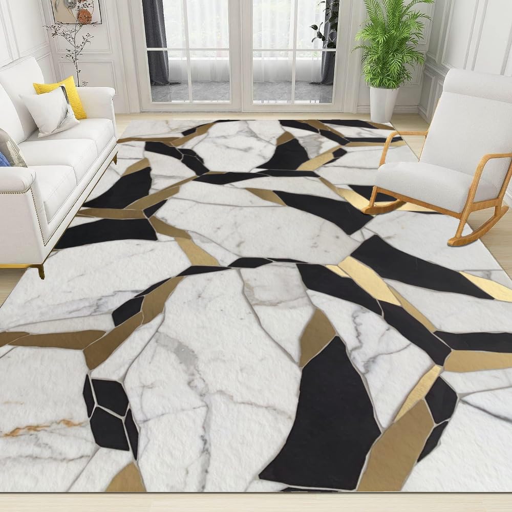 Amazon.com: White Black Gold Pattern Area Rugs, Marble Luxury Fashion ...