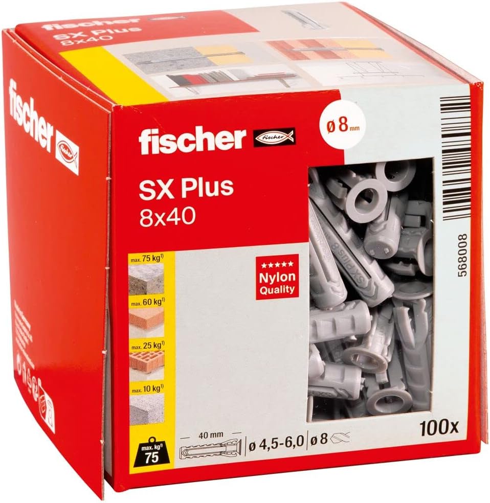 fischer 568008 SX Plus Expansion Wall Plug, 8mm x 40mm, Pack of 100 ...