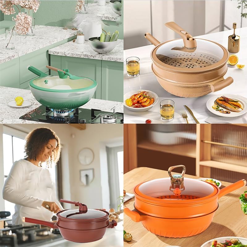 Wok antiadherente 2024 y sartén para freír, wok de arcilla antiadherente 7 en 1 con cesta de ...