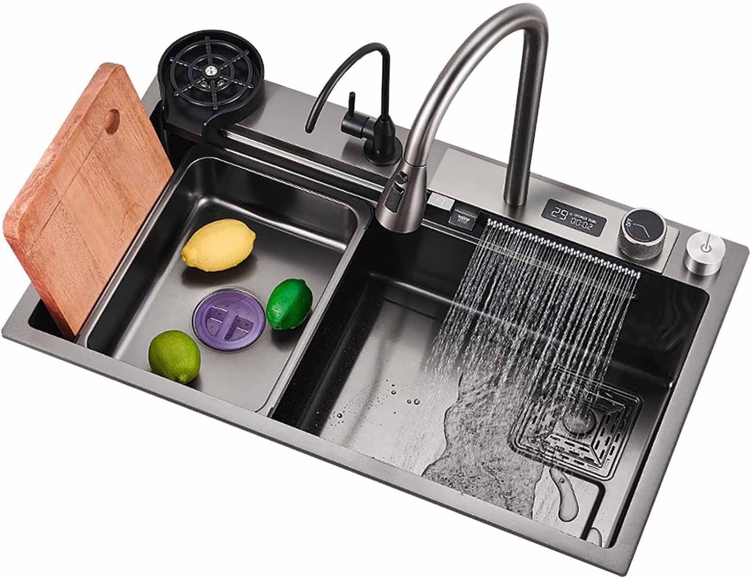 Sink, Built-in Sink with Pull-Out Faucet, Stainless Steel Waterfall ...