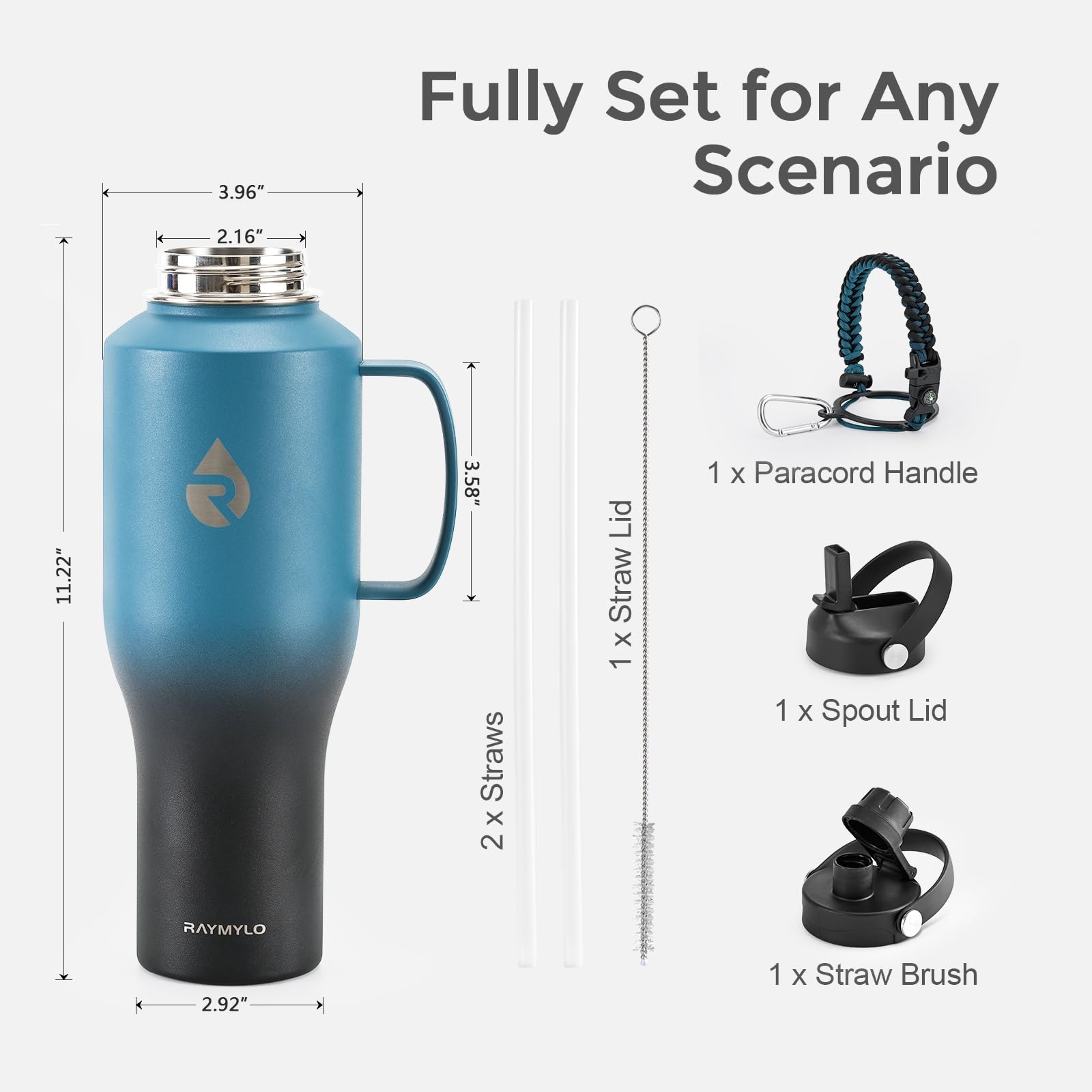 RAYMYLO Water Bottle 40oz, Insulated Tumblers with Handle & Straw Lid ...