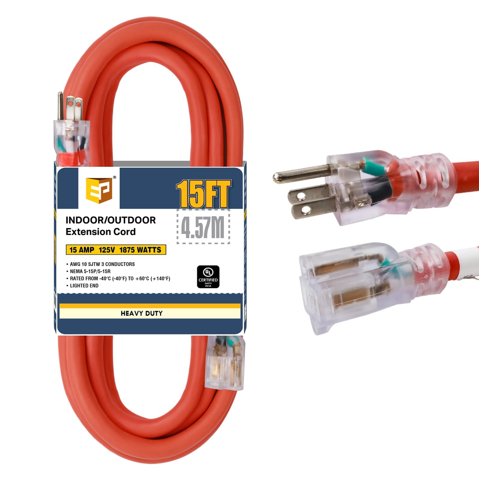 EP 15 Ft Lighted Outdoor Extension Cord - 10/3 SJTW Heavy Duty Orange ...