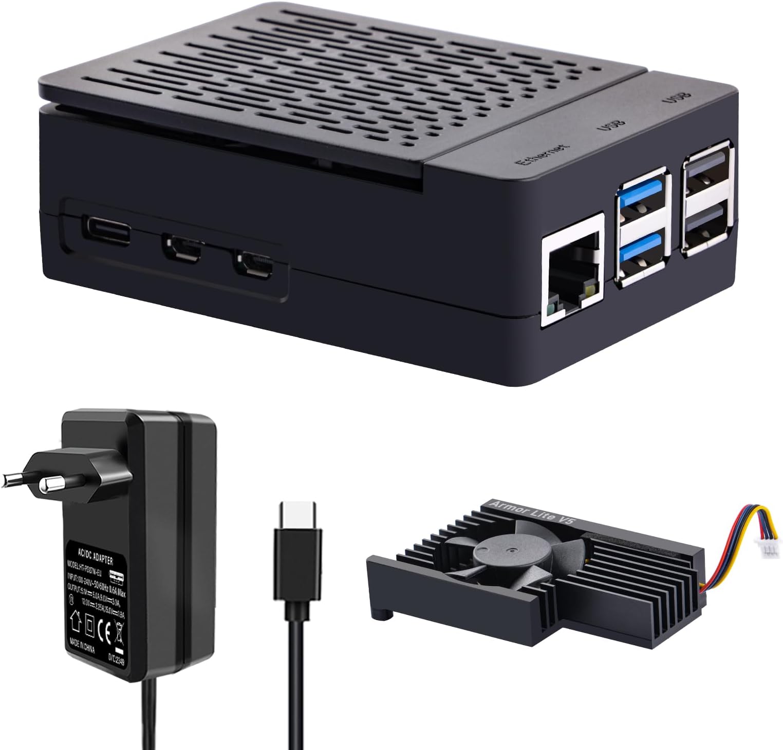 GeeekPi Raspberry Pi 5 ABS kılıfı, PD 27W USB-C güç kaynağı, Armor Lite ...