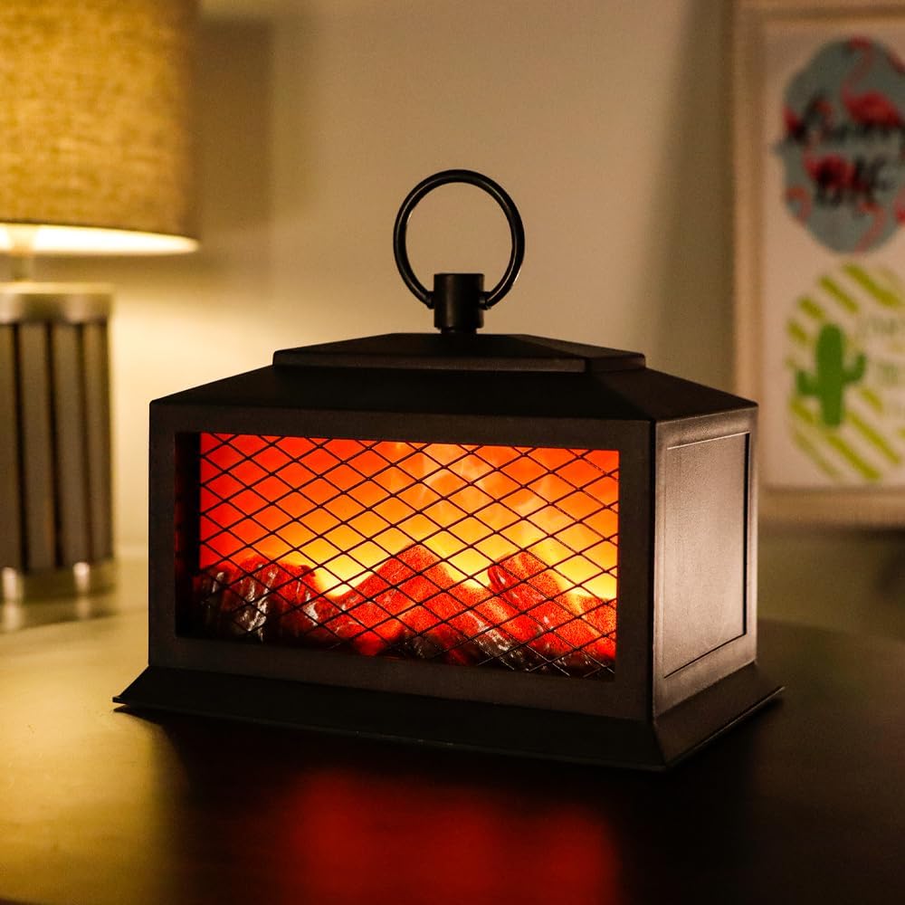 TRIROCKS Black Flameless Fireplace Lantern Led Flame Log Effect ...