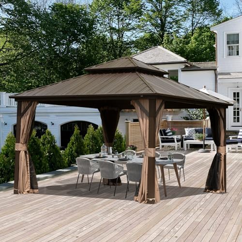 Amazon.com : EROMMY 12'x12' Hardtop Gazebo, Wooden Finish Coated ...