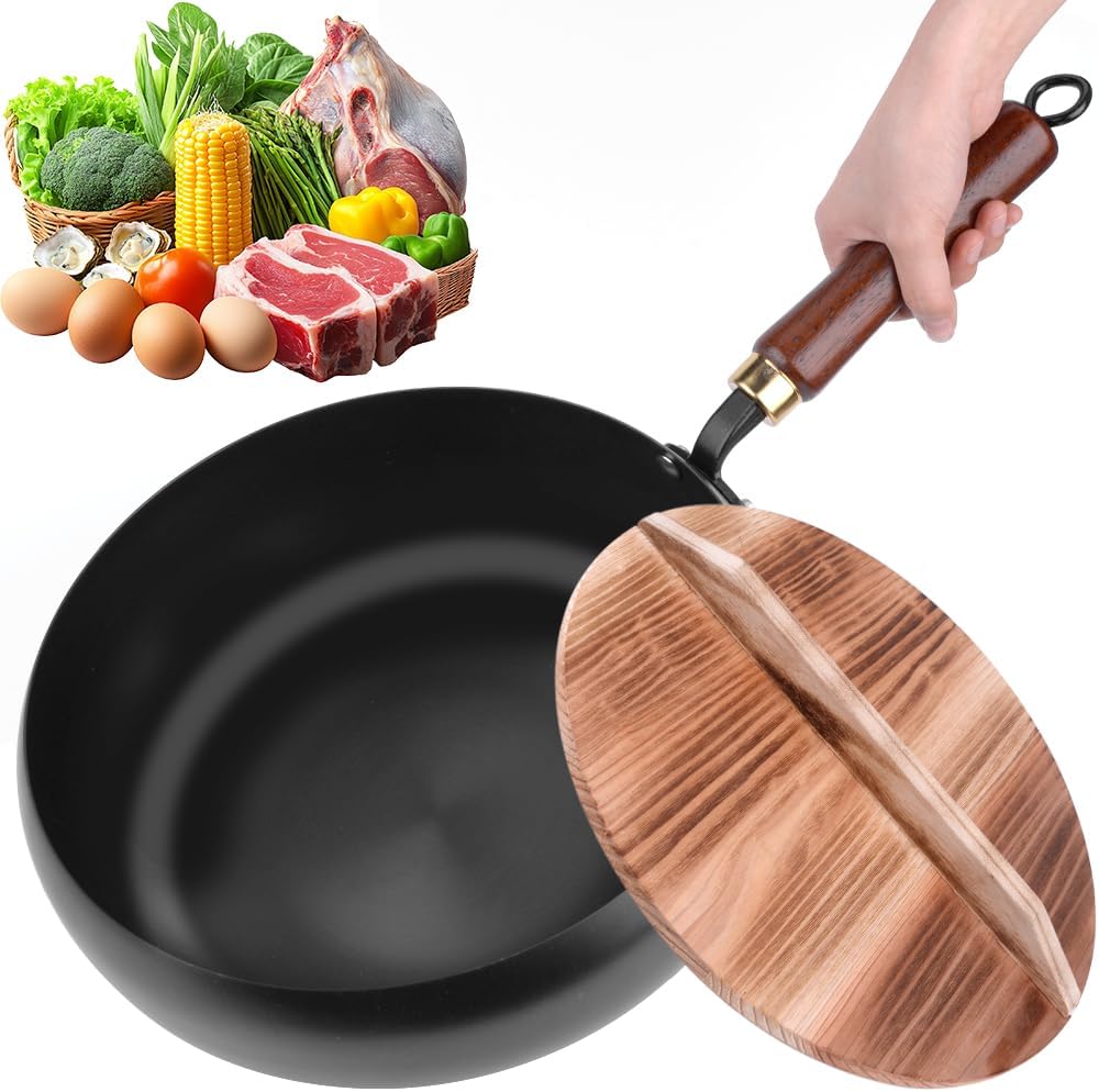 Pipihome Wok Non Stick, Hand-Forged Cast Iron Wok Pan, 28cm Woks with ...