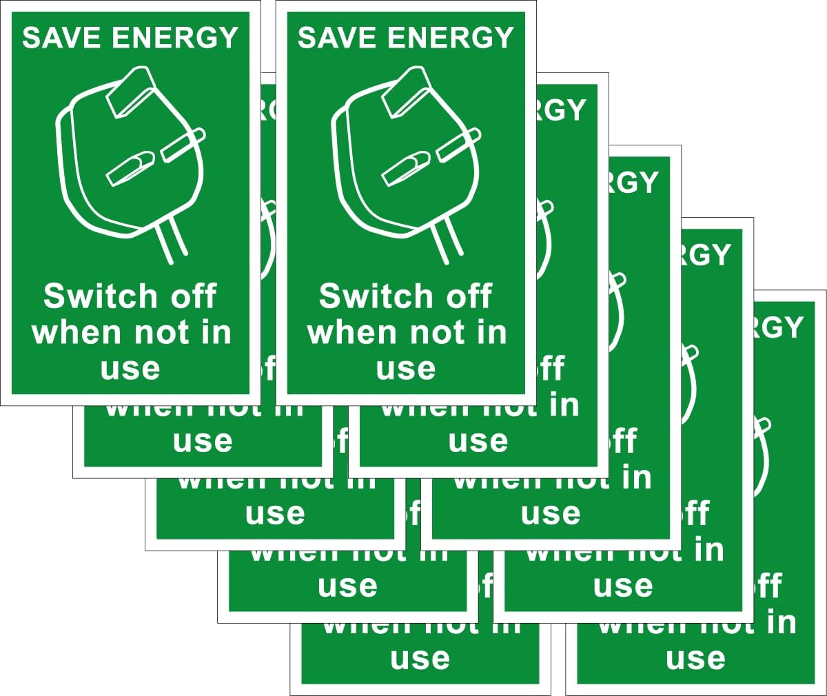 Pack of 10 self adhesive safety signs 90mm x 140mm - Save energy Switch ...