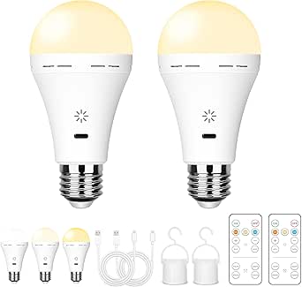 E26 Rechargeable Light Bulbs with Remote Control, 2600mAh Battery ...