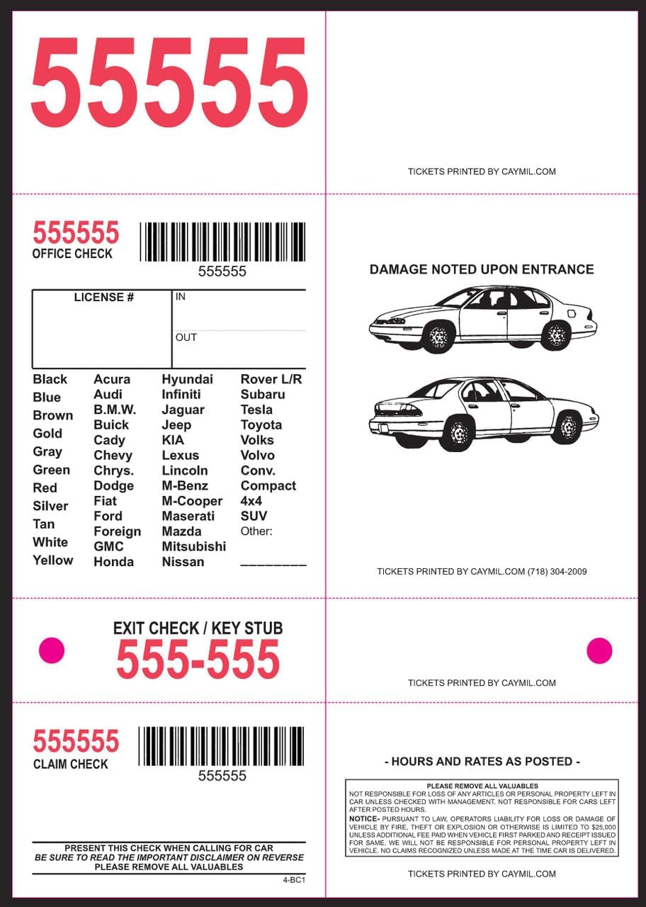 Amazon.com : Valet Parking Tickets Barcoded 4-Part 1,000 with Free ...