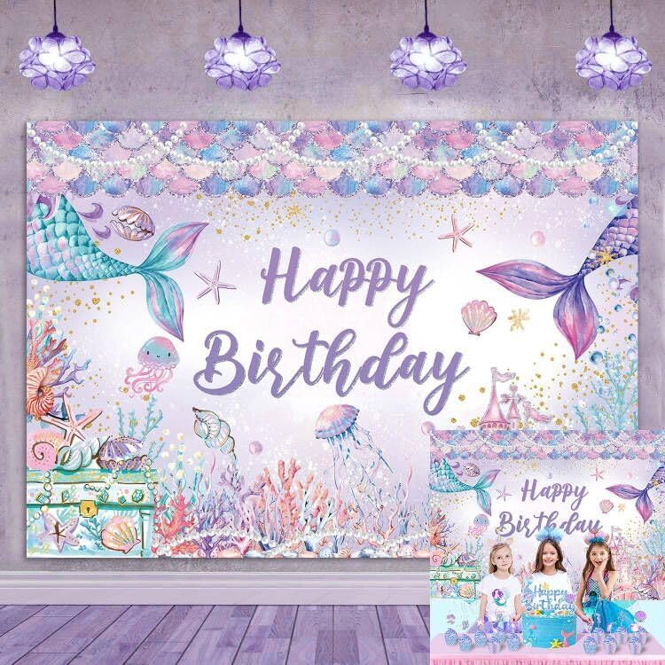 Amazon.com : Mermaid Birthday Backdrop Dreamy Fish Tail Castle Glitter ...