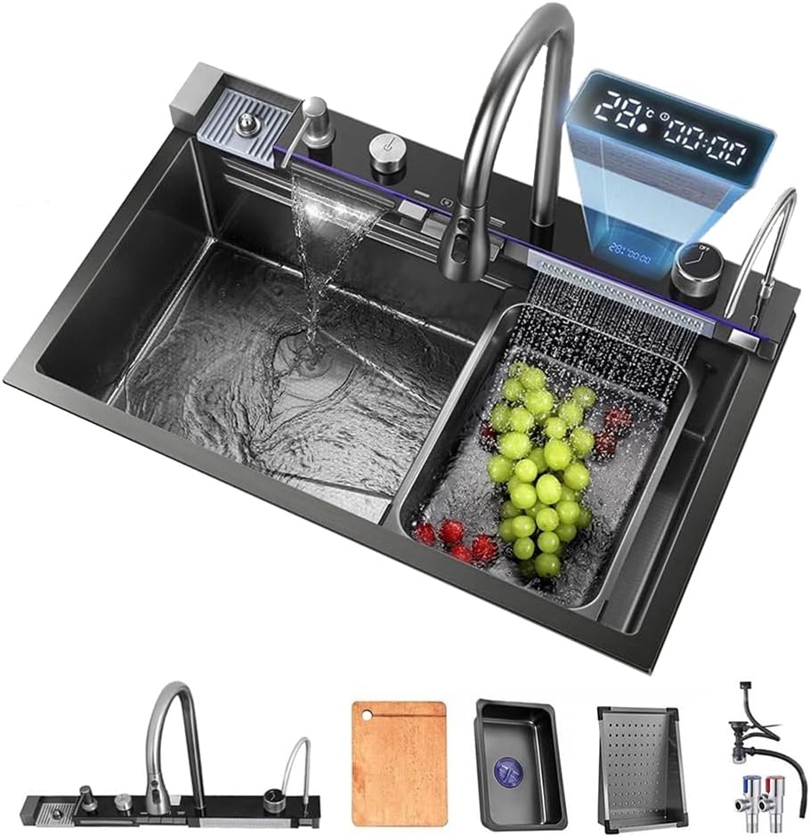 LIJIJUCN Black Waterfall Digital Display Kitchen Sink, Single Bowl Sink ...