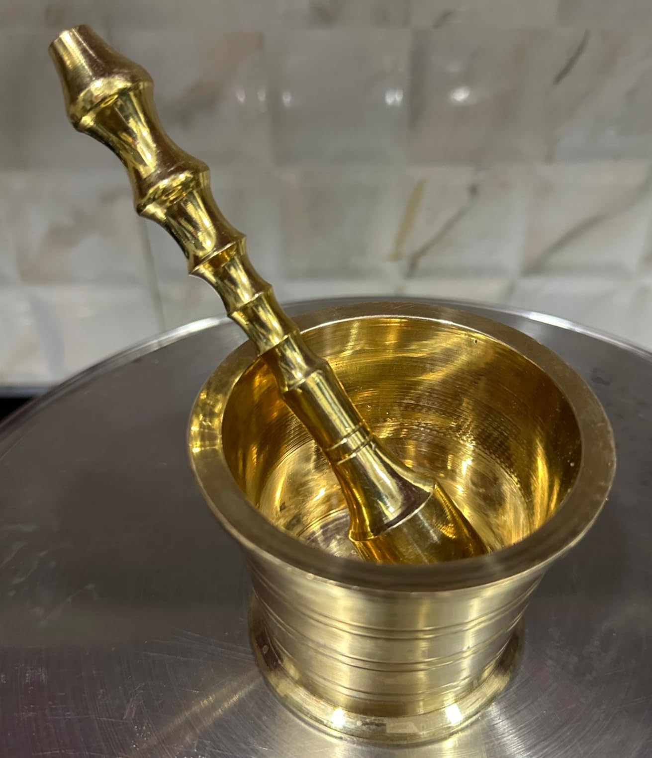 P-TAL Brass Mortar and Pestle Set Handcrafted Brass Okhli for Kitchen ...