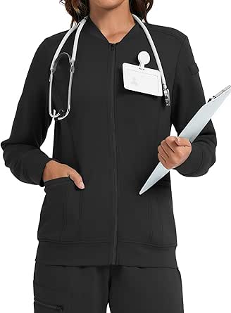 Amazon.com: LOMON Black Scrub Jacket for Women Zip Front Medical Jacket Nurse Coats with Pockets ...