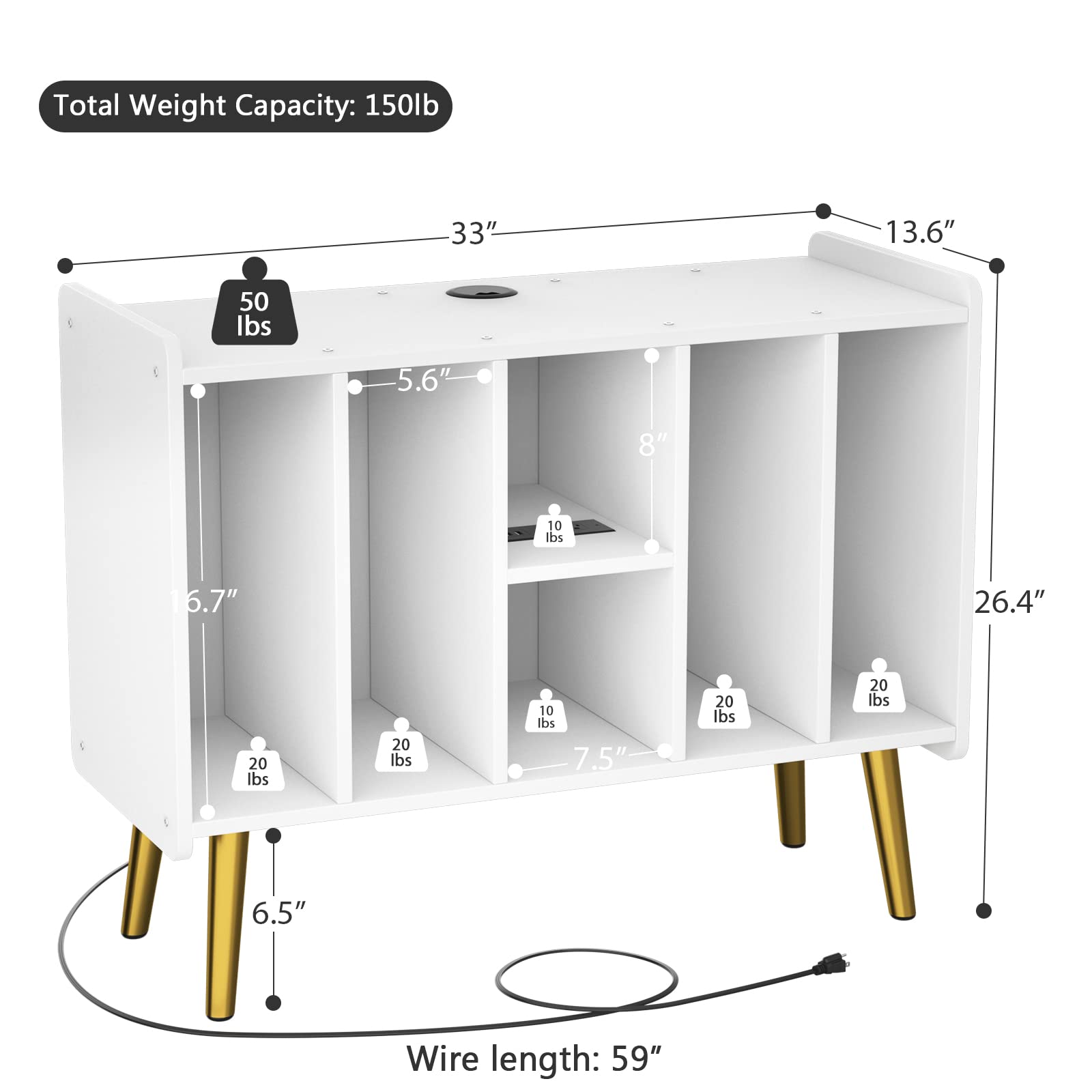 Unikito White Record Player Stand with Storage and Outlet, Vinyl Record ...