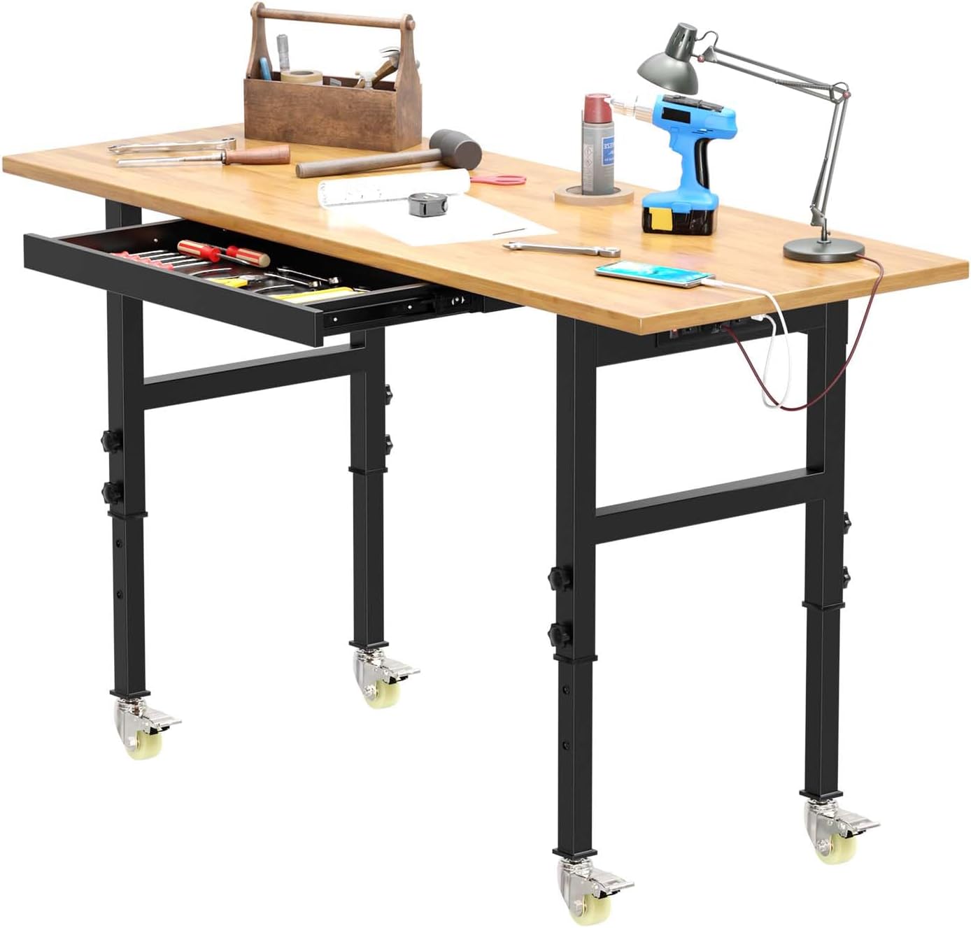 ACONEE 60" Workbench with Drawer Storage, Adjustable Height Worktable ...