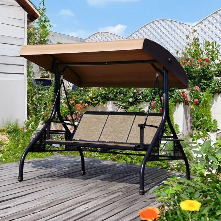 Amazon.com: NOBLEMOOD Outdoor Patio Swing with Adjustable Canopy, 3 Seat Outdoor Porch Swing ...