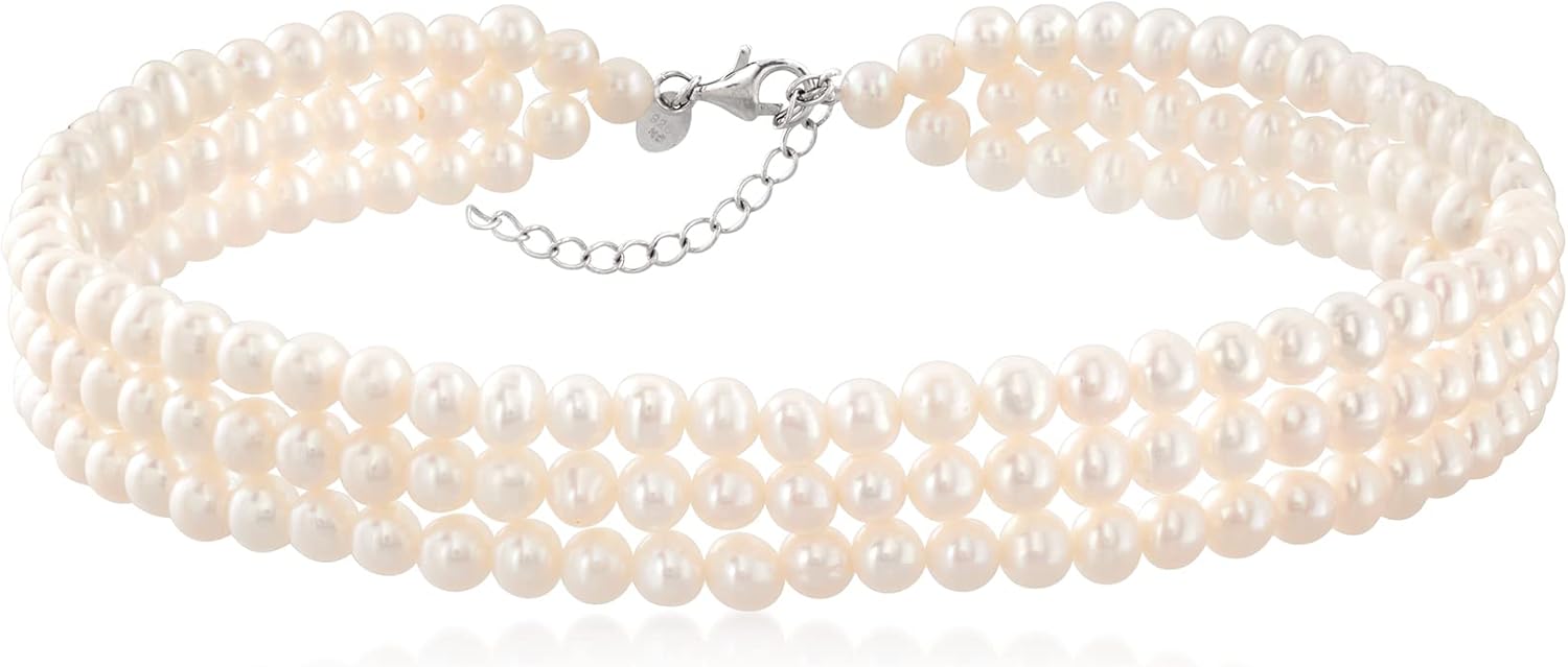 Amazon.com: Ross-Simons 5-6mm Cultured Pearl 3-Row Choker Necklace in Sterling Silver. 14 inches ...