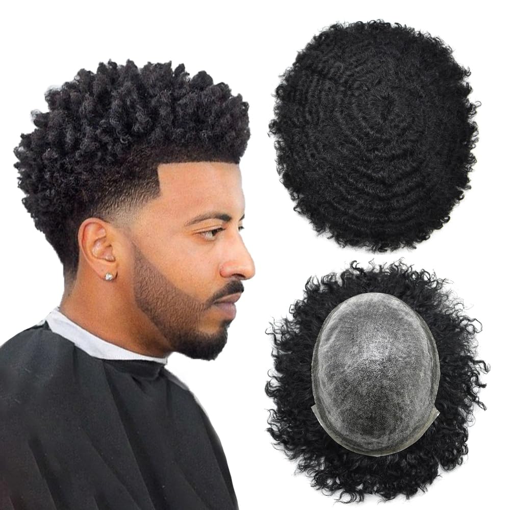 Amazon.com : Afro Toupee for Black Men Full Poly Kinky Curly Hairpiece ...