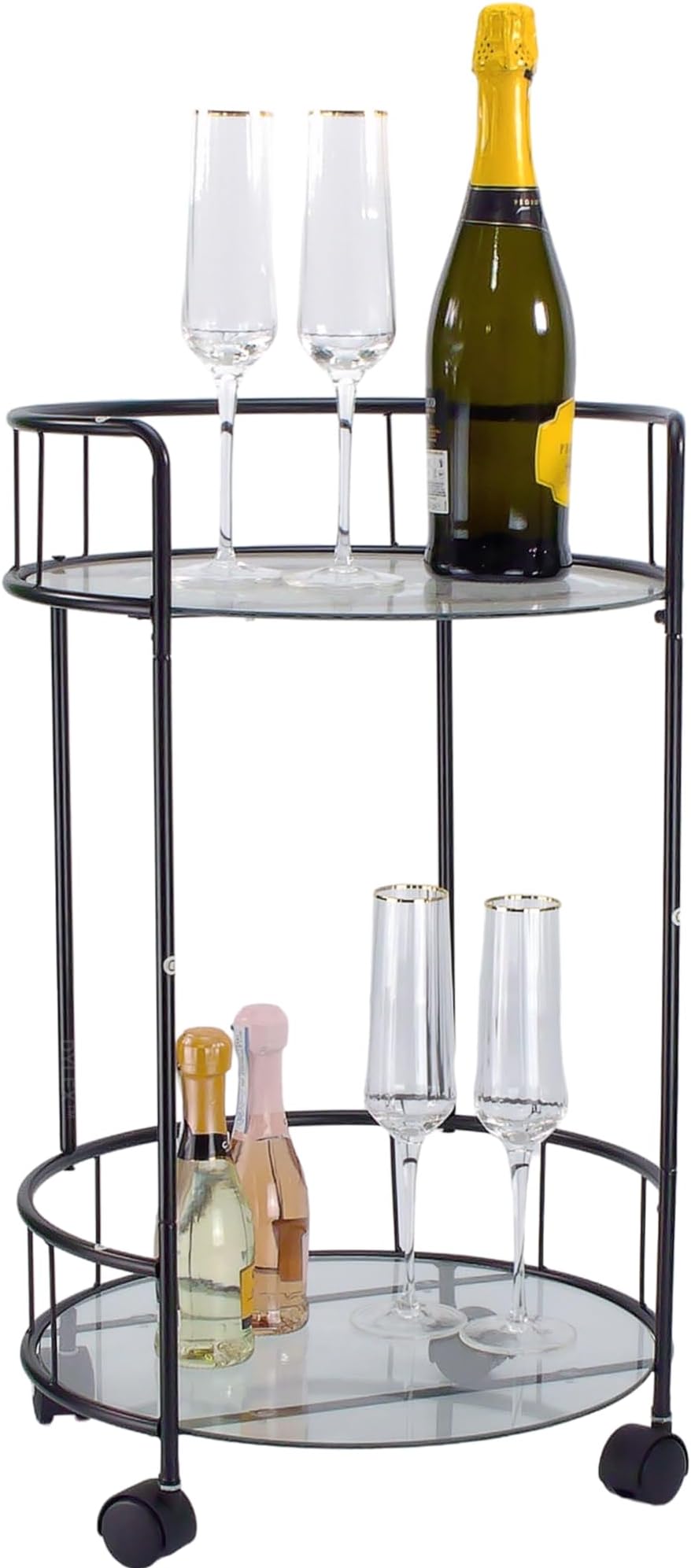 2 Tier Black Drinks Trolley Bar Serving Cart on Wheels With Two Glass ...