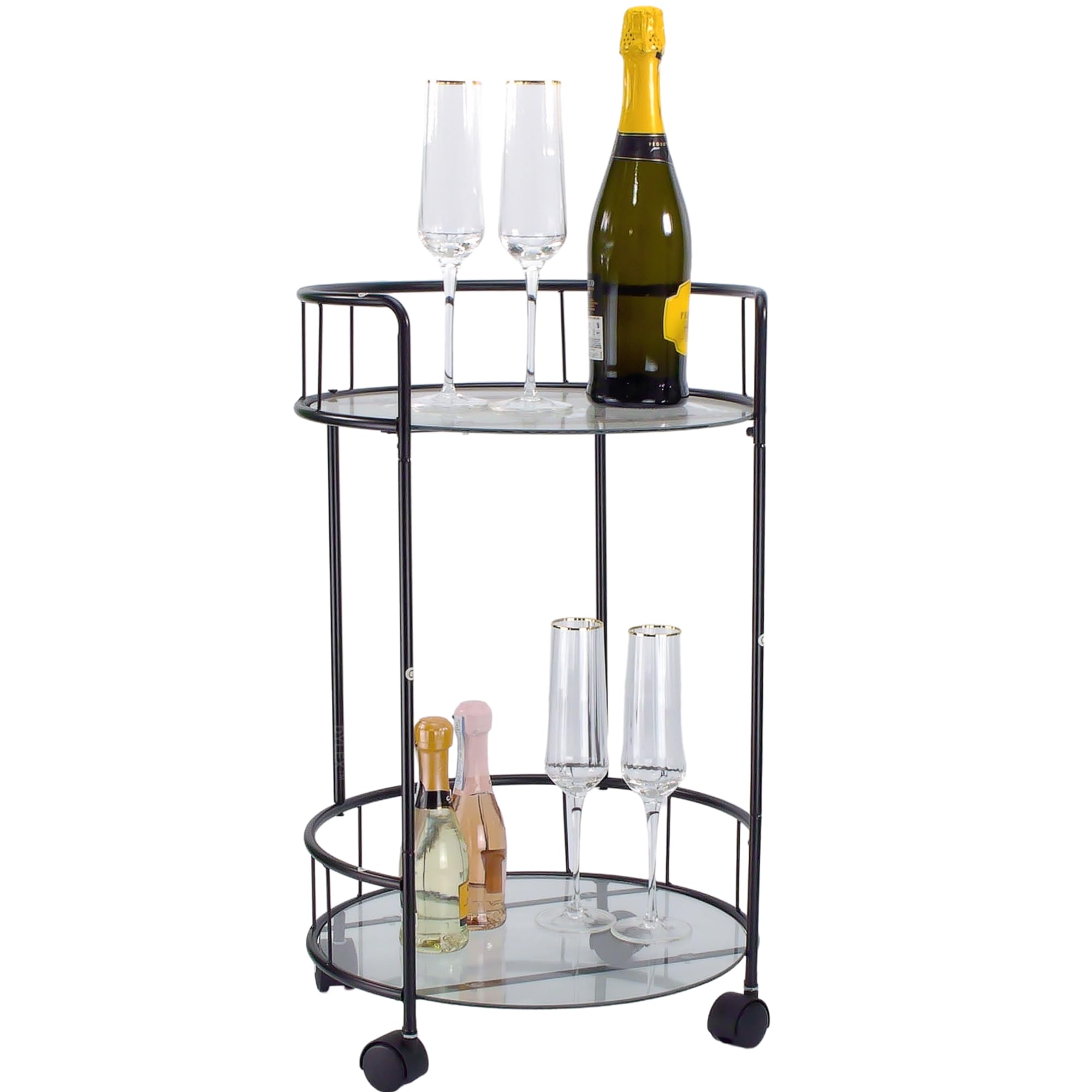 2 Tier Black Drinks Trolley Bar Serving Cart on Wheels With Two Glass ...