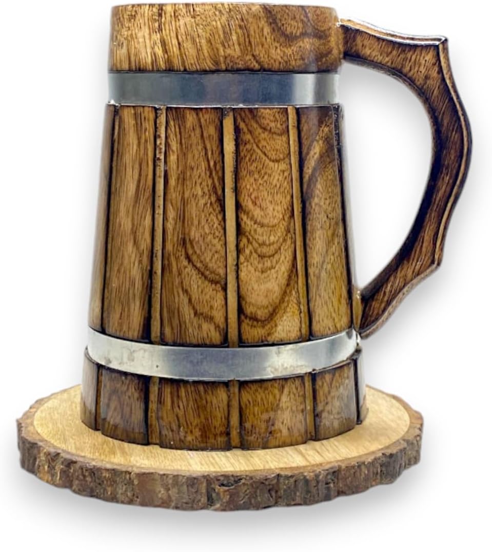 Amazon.com | POSHIO Wooden Beer Mugs with Tree Bark Coasters | Barrel ...