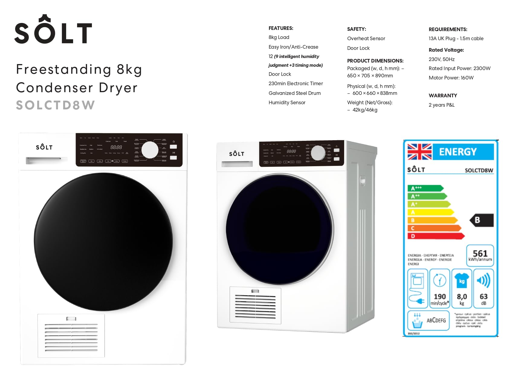 Solt SOLCTD8W Condenser Tumble Dryer, 8kg Capacity, White, Freestanding ...