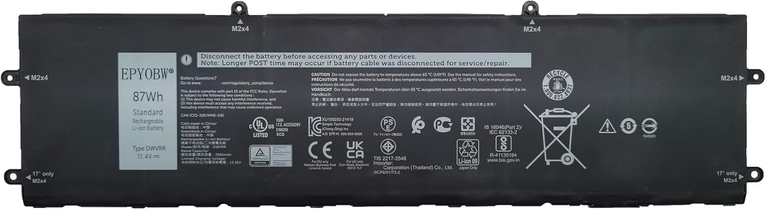 Amazon.com: EPYOBW DWVRR Laptop Battery 87Wh 6-Cell Compatible with ...