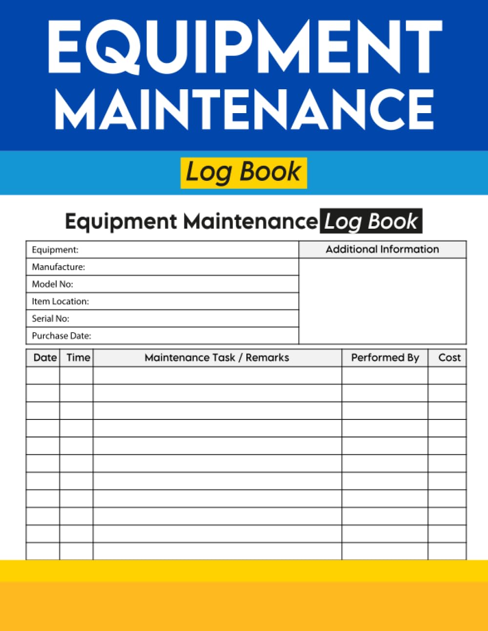 Equipment Maintenance Log Book: Maintenance log For Repairs, Service ...