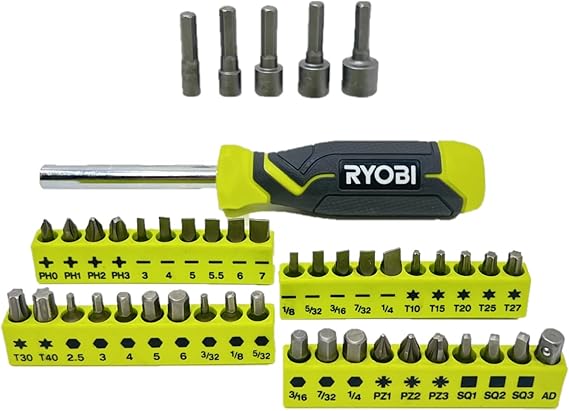 Amazon.com: Ryobi Magnetic Screwdriver Handle with 45pc Bit Set & Nut ...