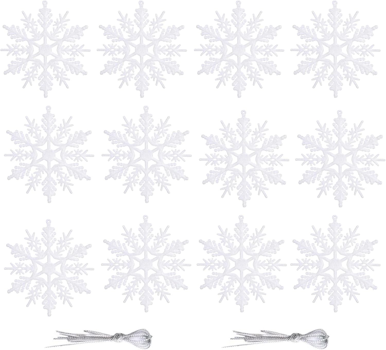 12 White Glitter Snowflake Hanging Decorations for Christmas Tree, Xmas ...