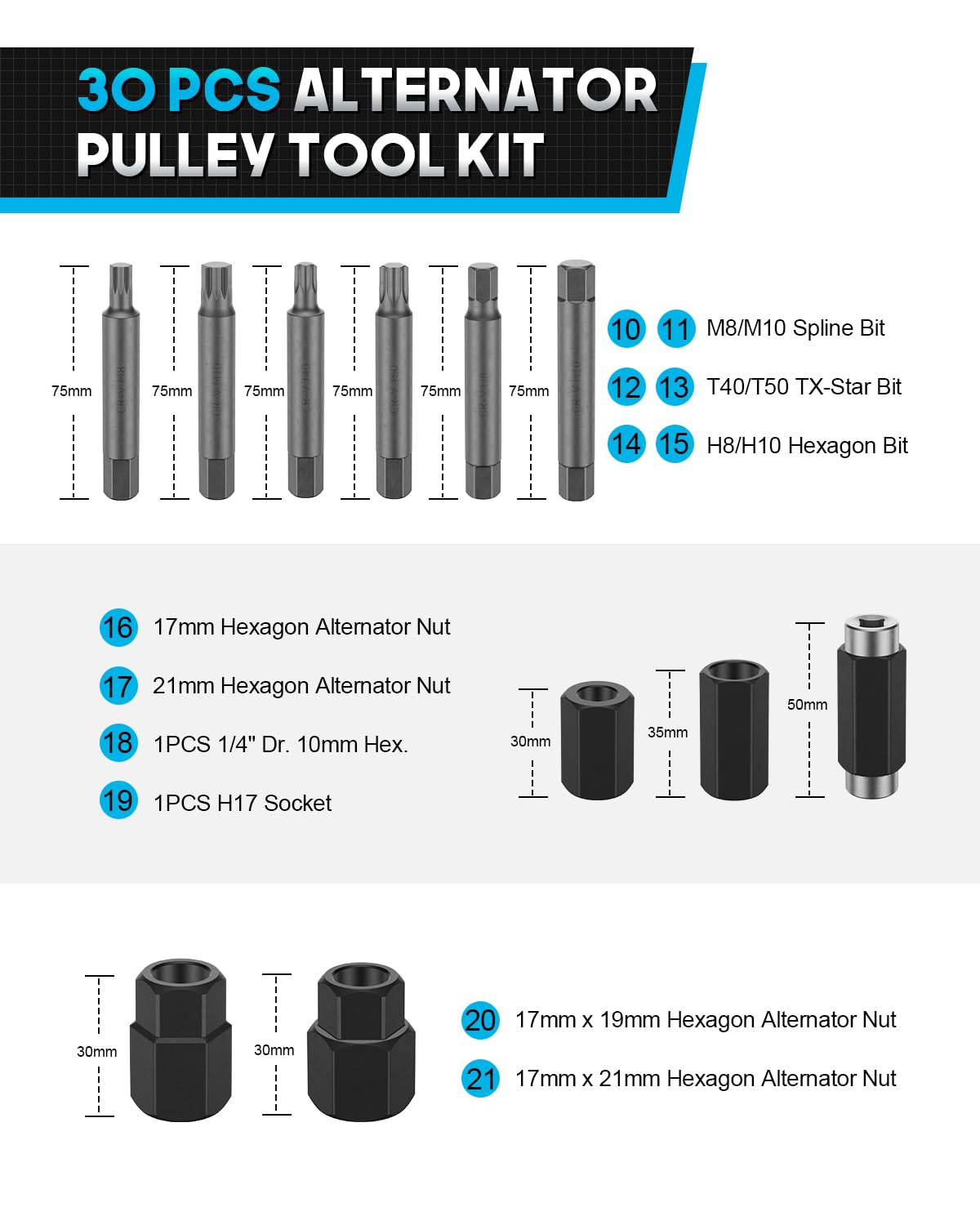 Snapklik.com : ZOMIYU 30PCS Alternator Pulley Remove Install Tool Kit ...