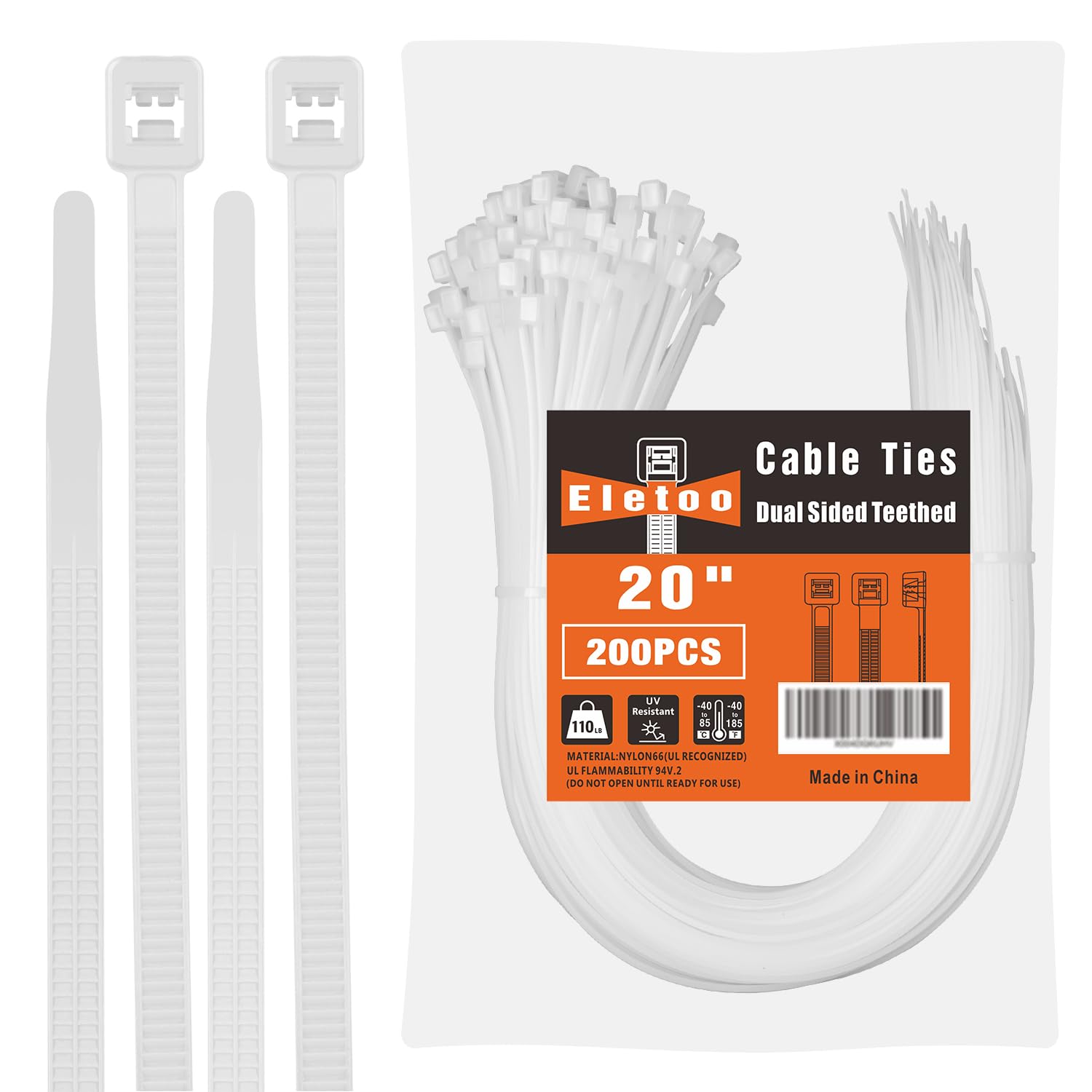 Amazon.com: Eletoo 20 Inch White Long Zip Ties Heavy Duty 200 Pack ...