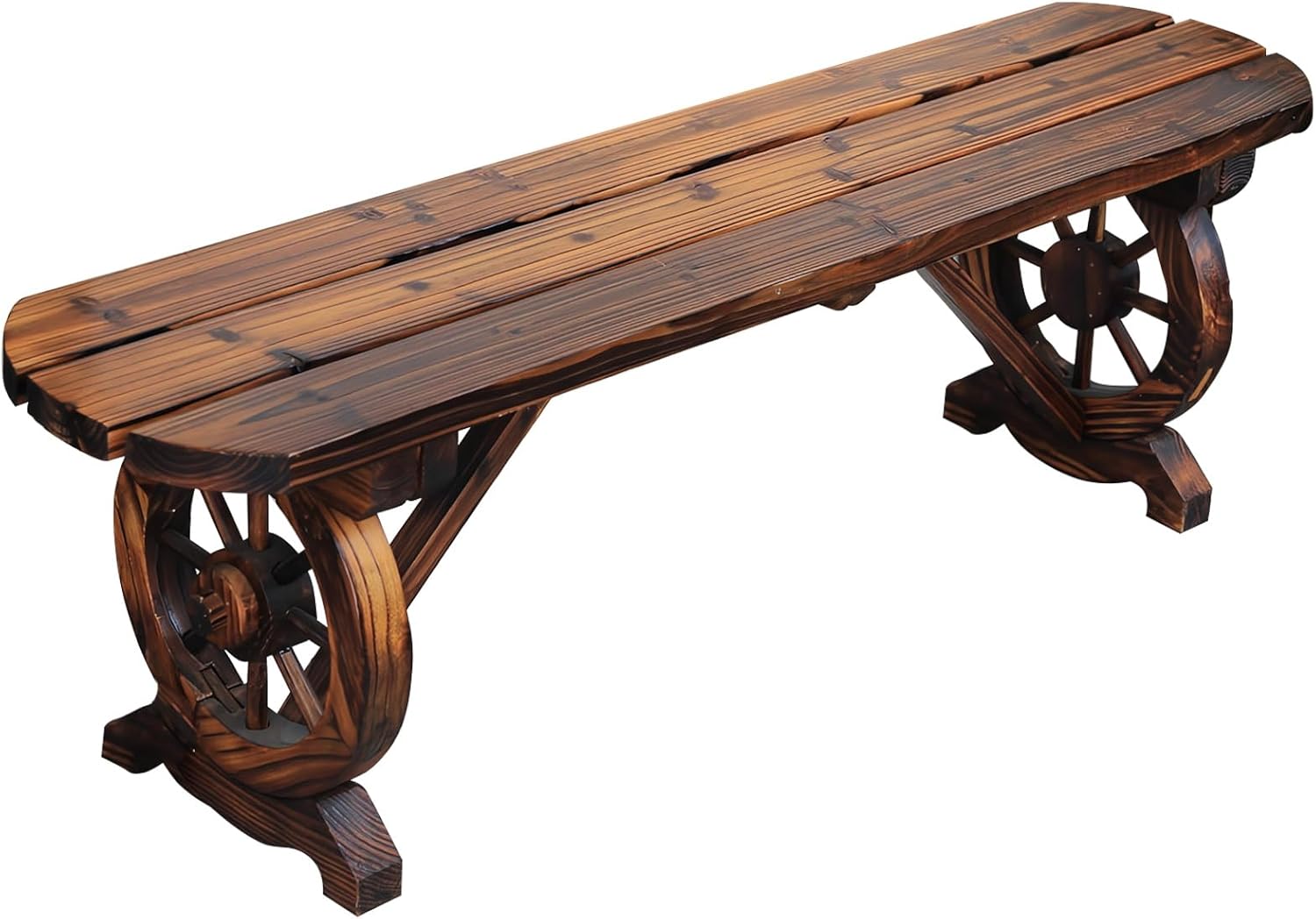 LLZJDDPLY Wood outdoor bench, Carbonized Garden bench with Wagon Wheel ...