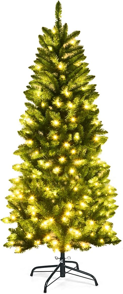 Costway 1.5m/5ft Pre-lit Pencil Christmas Tree, Artificial Hinged Fir ...