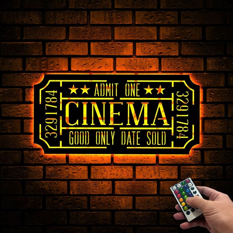 Amazon.com: Metal Sign Decor, Cinema Ticket Metal Wall Art Led Light ...