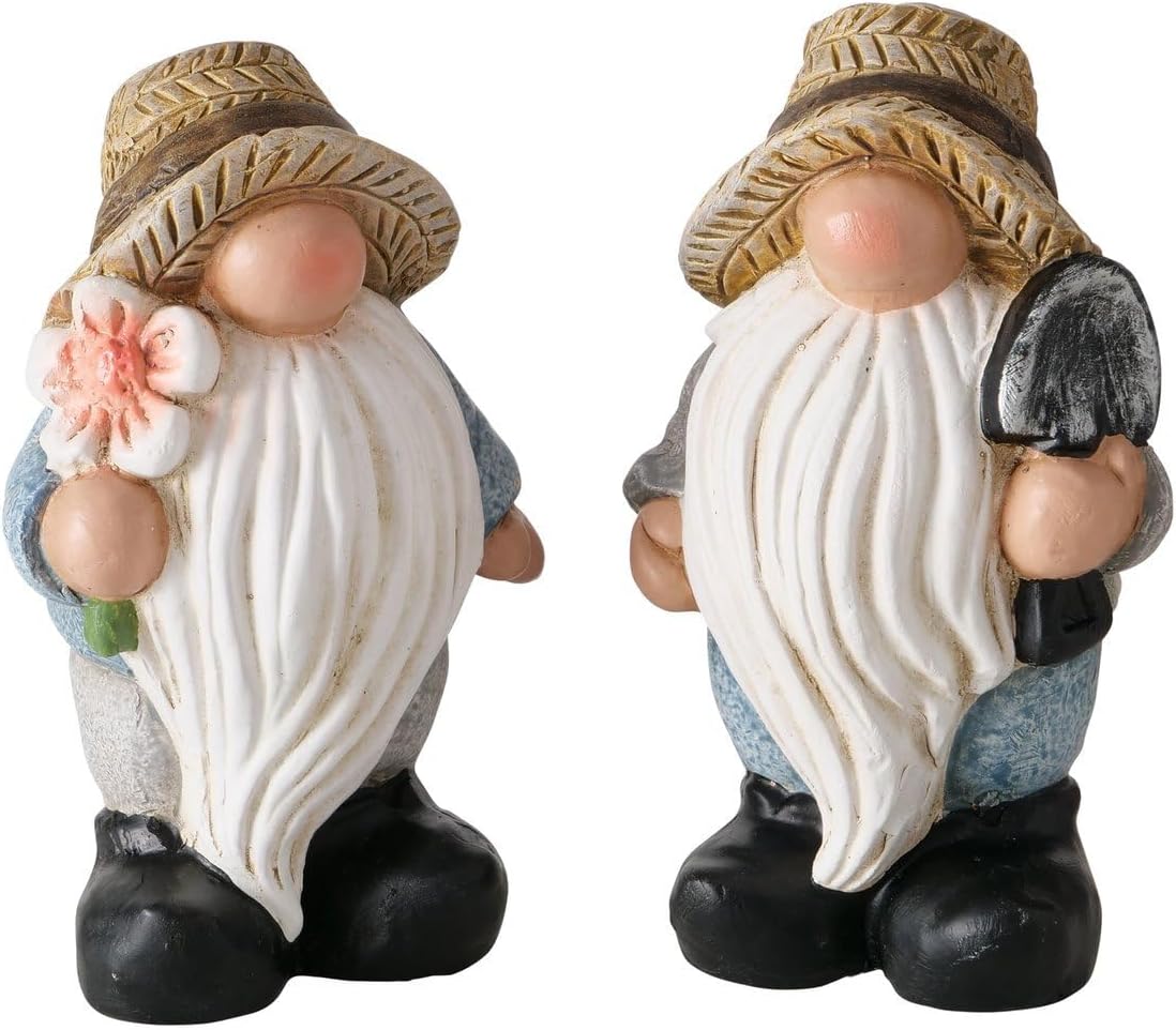 ReWu Gartenwichtel 2er Set Gartenfigur Höhe 15cm Sommerwichtel Mit Spaten und Blumen aus Keramik ...