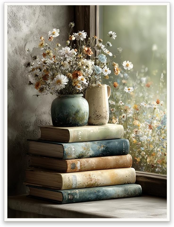 Amazon.com: Wildflower Vase Books Canvas Wall Art, Vintage Floral Still ...