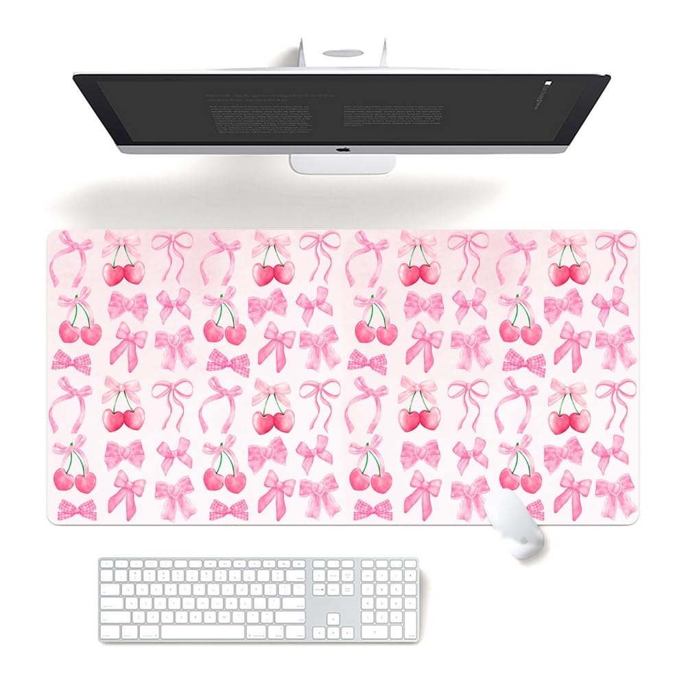 Amazon.com: Pink Cherry Bow Mouse Pad,Trendy Cute Bow Computer Desk Mat ...