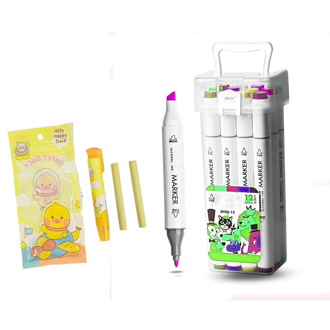 Cute Push-Type Eraser, 12 Point Dual Tip Double Sided Art Marker Pens 1 ...
