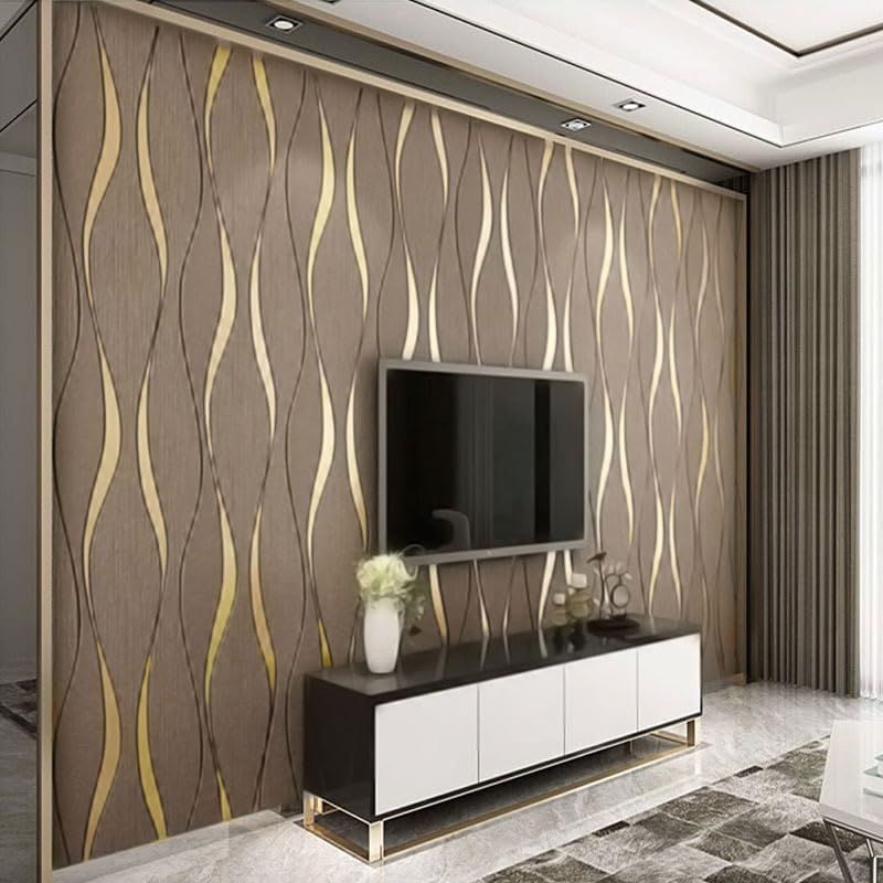 Snewvie Brown Wave Stripes Wallpaper Non-Woven Wall Paper Glitter 3D ...