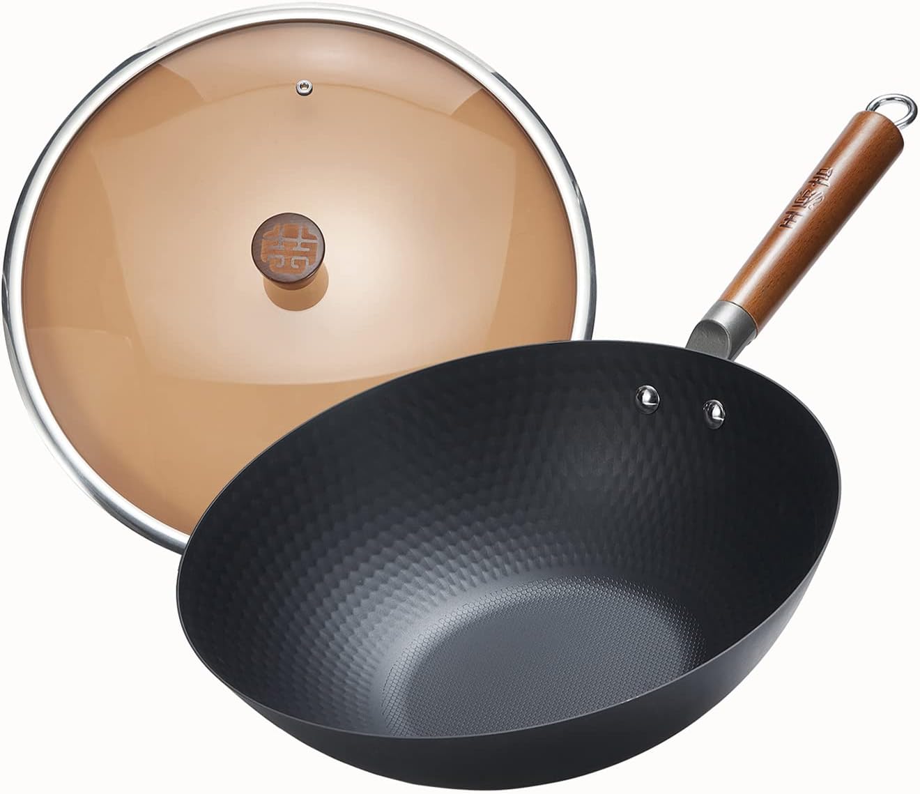 Teewe Wok en acier au carbone – Poêle wok de 33 cm avec couvercle, woks ...