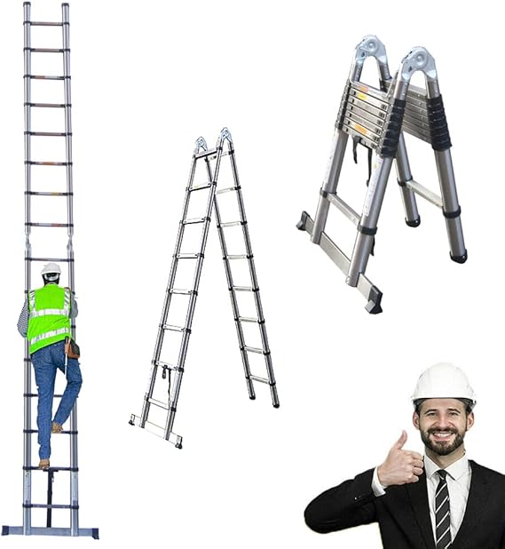 2.5M + 2.5M Stainless Steel Telescoping Extension Ladder Portable Multi ...
