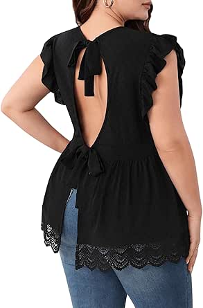 SHENHE Women's Plus Size Backless Top Tie Back Short Sleeve Ruffle Lace ...