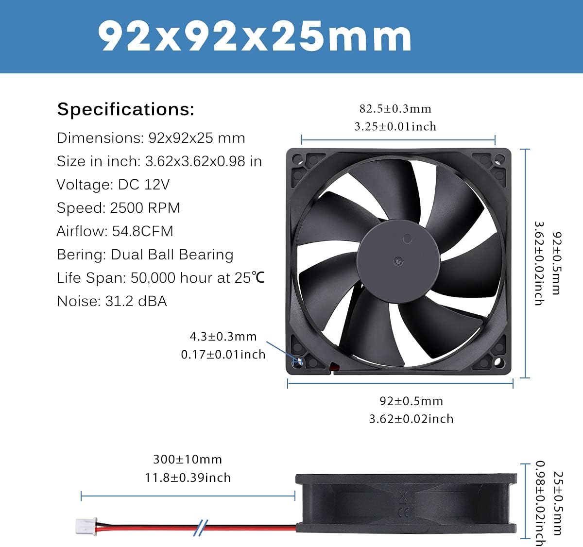 GDSTIME 92mm Fan 92 x 25mm Dual Ball Bearing Brushless Cooling Fan 9225 ...