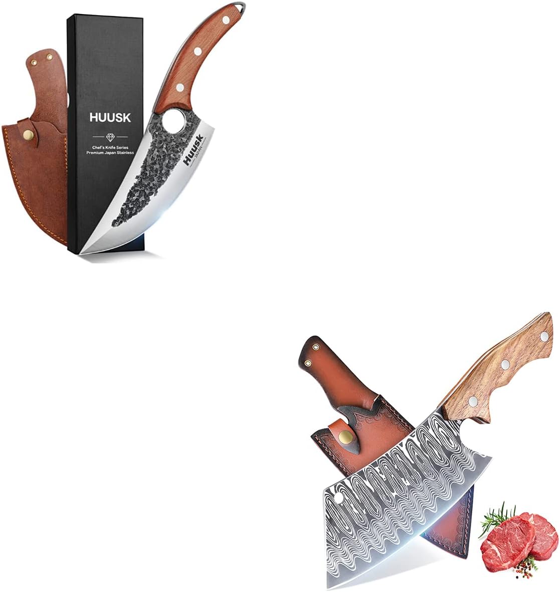 Amazon.com: Huusk Hand Forged Meat Cleaver Bundle with Japanese Cooking ...