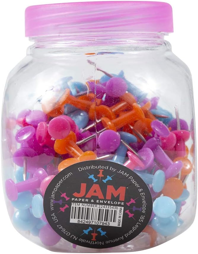 Amazon.com: JAM PAPER Colorful Push Pins - Assorted Color Pushpin Jar ...