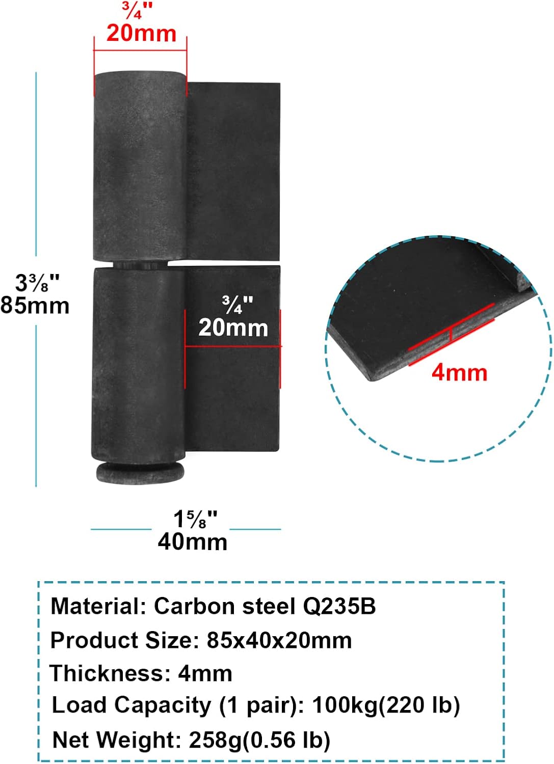 TSSS 4 PCS 85 x 40mm Weldable Lift Off Hinges, Heavy Duty Metal Door ...