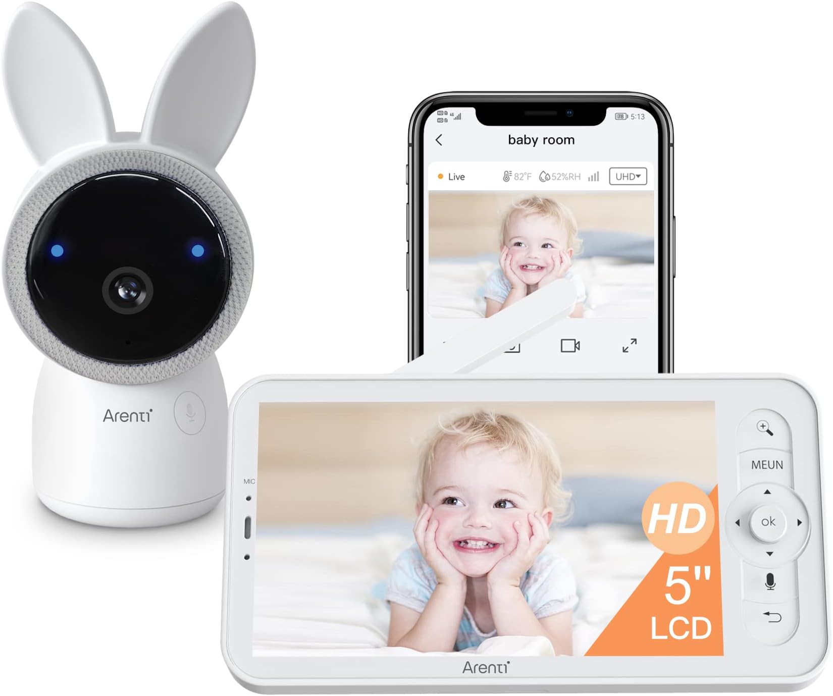 ARENTI Baby Monitor, 2K Video Baby Camera with 5-inch Wireless Display ...
