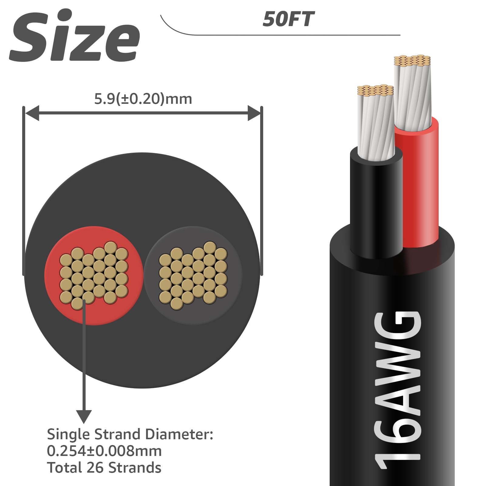 AMZDEPOT 50FT 16AWG Electrical Wire, 16 Gauge 2 Conductor Stranded PVC ...